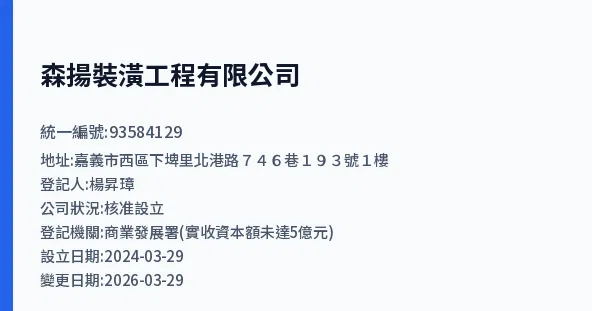 森揚裝潢工程有限公司的照片-統編 93584129(嘉義市) 公司登記資料與營業項目詳細圖表
