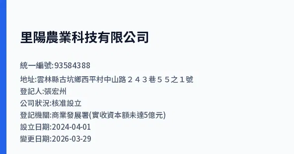 里陽農業科技有限公司的照片-統編 93584388(雲林縣) 公司登記資料與營業項目詳細圖表
