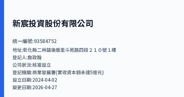 新宸投資股份有限公司的照片-統編 93584752(彰化縣) 公司登記資料與營業項目詳細圖表