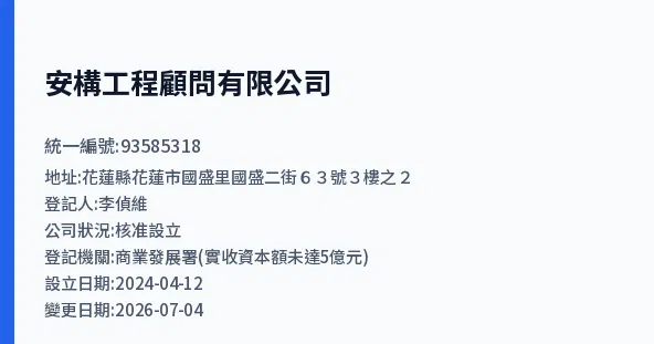 安構工程顧問有限公司的照片-統編 93585318(花蓮縣) 公司登記資料與營業項目詳細圖表