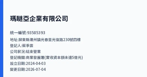 瑪瞇亞企業有限公司的照片-統編 93585393(屏東縣) 公司登記資料與營業項目詳細圖表
