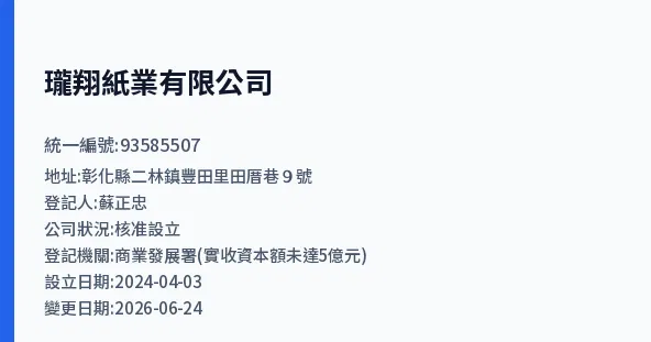 瓏翔紙業有限公司的照片-統編 93585507(彰化縣) 公司登記資料與營業項目詳細圖表