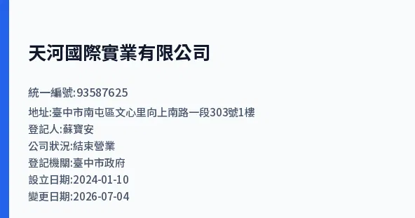 天河國際實業有限公司的照片-統編 93587625(臺中市) 公司登記資料與營業項目詳細圖表