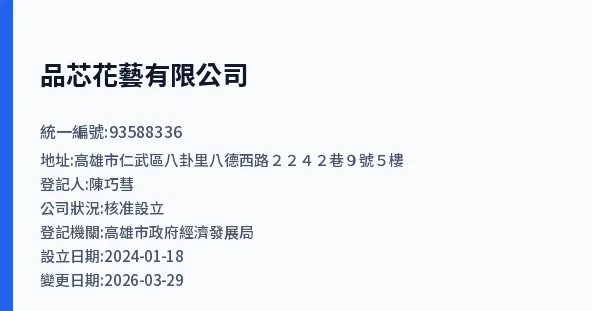 品芯花藝有限公司的照片-統編 93588336(高雄市) 公司登記資料與營業項目詳細圖表