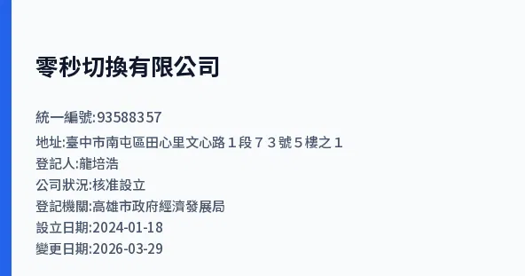 零秒切換有限公司的照片-統編 93588357(臺中市) 公司登記資料與營業項目詳細圖表