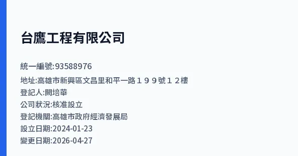 台鷹工程有限公司的照片-統編 93588976(高雄市) 公司登記資料與營業項目詳細圖表