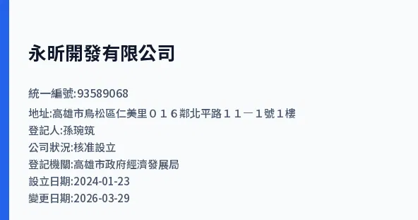 永昕開發有限公司的照片-統編 93589068(高雄市) 公司登記資料與營業項目詳細圖表