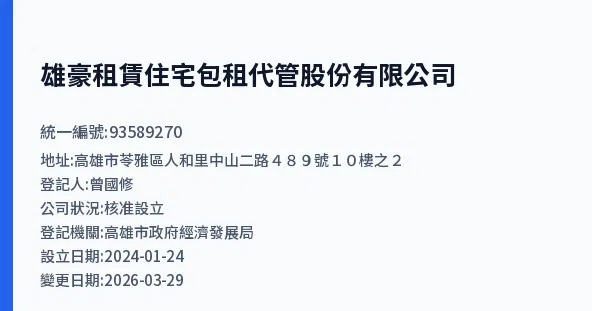 雄豪租賃住宅包租代管股份有限公司的照片-統編 93589270(高雄市) 公司登記資料與營業項目詳細圖表