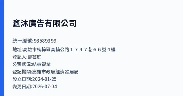 鑫沐廣告有限公司的照片-統編 93589399(高雄市) 公司登記資料與營業項目詳細圖表