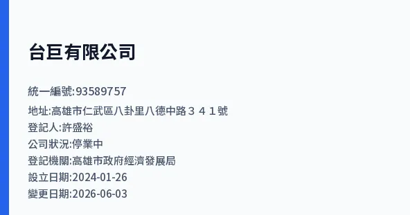 台巨有限公司的照片-統編 93589757(高雄市) 公司登記資料與營業項目詳細圖表