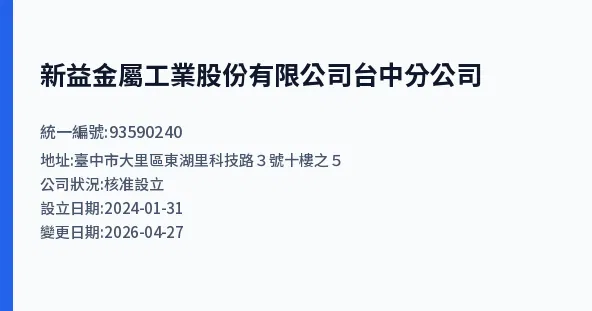 新益金屬工業股份有限公司台中分公司的照片-統編 93590240(臺中市) 公司登記資料與營業項目詳細圖表