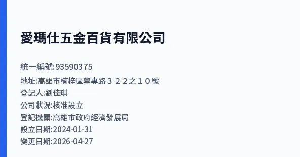 愛瑪仕五金百貨有限公司的照片-統編 93590375(高雄市) 公司登記資料與營業項目詳細圖表