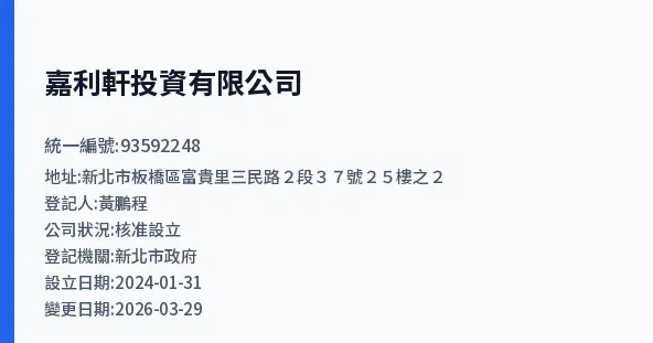 嘉利軒投資有限公司的照片-統編 93592248(新北市) 公司登記資料與營業項目詳細圖表