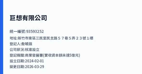 巨想有限公司的照片-統編 93593252(新竹市) 公司登記資料與營業項目詳細圖表