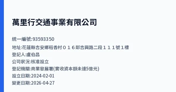 萬里行交通事業有限公司的照片-統編 93593350(花蓮縣) 公司登記資料與營業項目詳細圖表