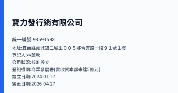 寶力發行銷有限公司的照片-統編 93593598(宜蘭縣) 公司登記資料與營業項目詳細圖表