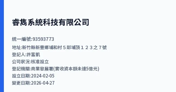 睿雋系統科技有限公司的照片-統編 93593773(新竹縣) 公司登記資料與營業項目詳細圖表