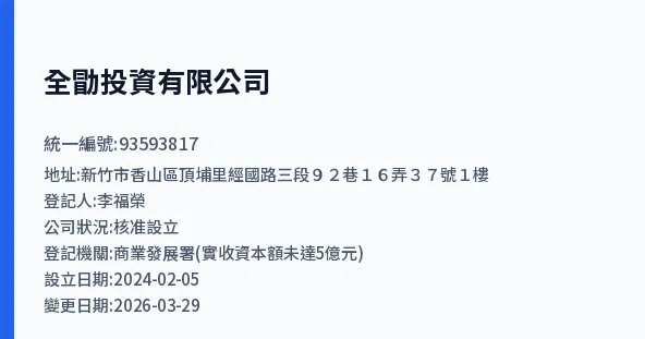 全勖投資有限公司的照片-統編 93593817(新竹市) 公司登記資料與營業項目詳細圖表