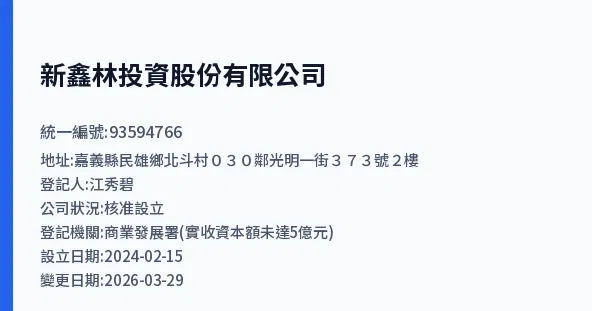 新鑫林投資股份有限公司的照片-統編 93594766(嘉義縣) 公司登記資料與營業項目詳細圖表