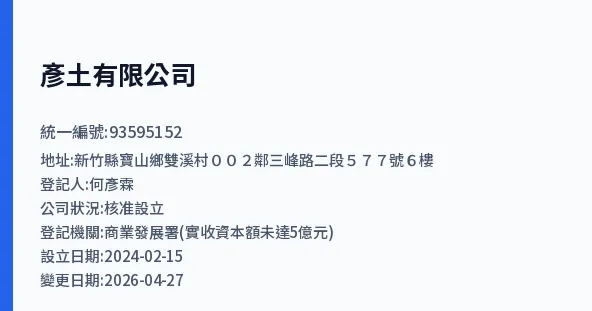 彥土有限公司的照片-統編 93595152(新竹縣) 公司登記資料與營業項目詳細圖表