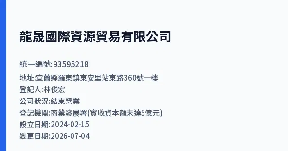 龍晟國際資源貿易有限公司的照片-統編 93595218(宜蘭縣) 公司登記資料與營業項目詳細圖表