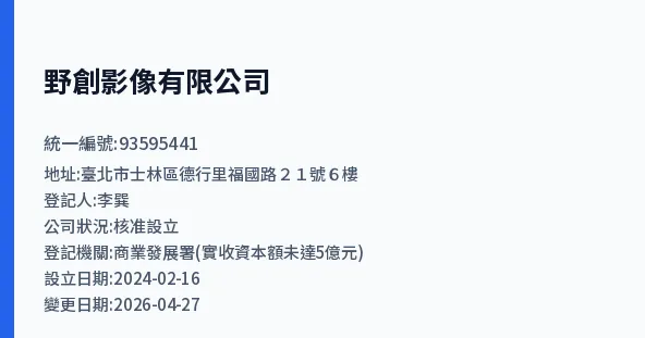 野創影像有限公司的照片-統編 93595441(臺北市) 公司登記資料與營業項目詳細圖表