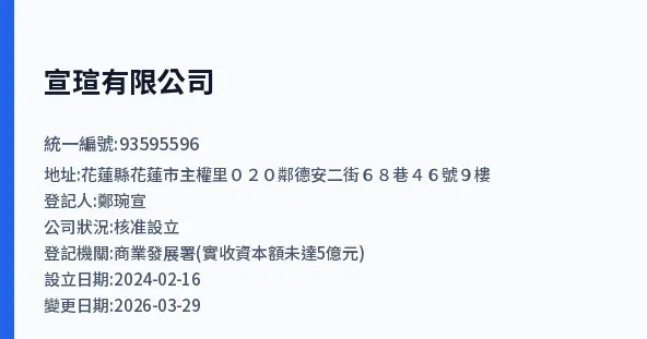 宣瑄有限公司的照片-統編 93595596(花蓮縣) 公司登記資料與營業項目詳細圖表
