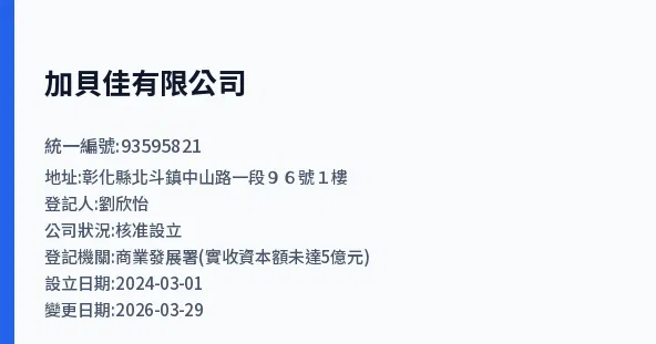 加貝佳有限公司的照片-統編 93595821(彰化縣) 公司登記資料與營業項目詳細圖表