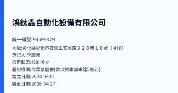 鴻鈦鑫自動化設備有限公司的照片-統編 93595879(彰化縣) 公司登記資料與營業項目詳細圖表