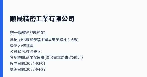 順晟精密工業有限公司的照片-統編 93595907(彰化縣) 公司登記資料與營業項目詳細圖表