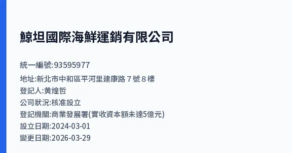 鯨坦國際海鮮運銷有限公司的照片-統編 93595977(新北市) 公司登記資料與營業項目詳細圖表