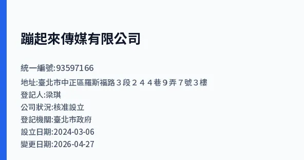蹦起來傳媒有限公司的照片-統編 93597166(臺北市) 公司登記資料與營業項目詳細圖表