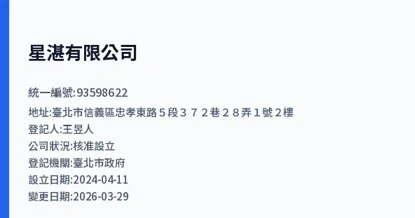 星湛有限公司的照片-統編 93598622(臺北市) 公司登記資料與營業項目詳細圖表