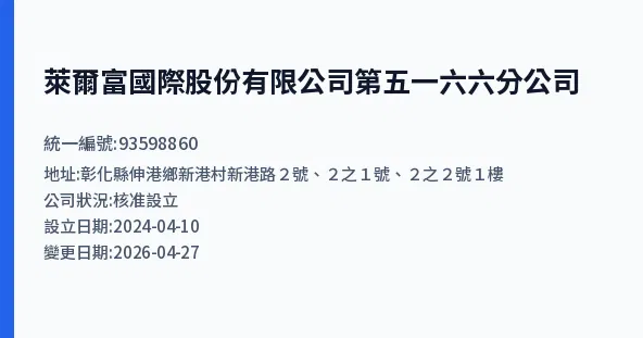 萊爾富國際股份有限公司第五一六六分公司的照片-統編 93598860(彰化縣) 公司登記資料與營業項目詳細圖表