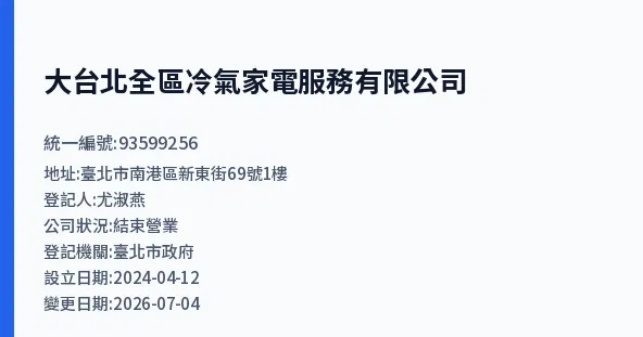大台北全區冷氣家電服務有限公司的照片-統編 93599256(臺北市) 公司登記資料與營業項目詳細圖表