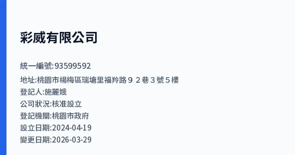 彩威有限公司的照片-統編 93599592(桃園市) 公司登記資料與營業項目詳細圖表