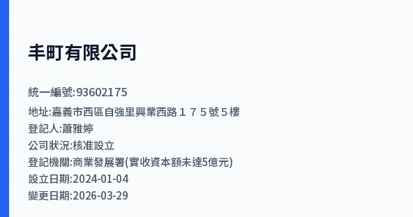 丰町有限公司的照片-統編 93602175(嘉義市) 公司登記資料與營業項目詳細圖表