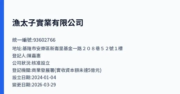 漁太子實業有限公司的照片-統編 93602766(基隆市) 公司登記資料與營業項目詳細圖表