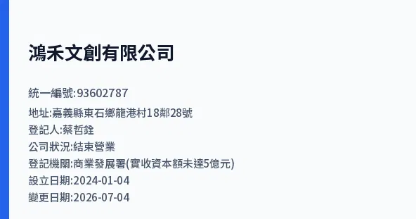 鴻禾文創有限公司的照片-統編 93602787(嘉義縣) 公司登記資料與營業項目詳細圖表