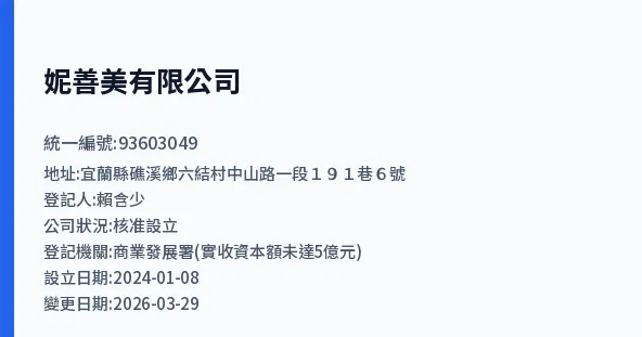 妮善美有限公司的照片-統編 93603049(宜蘭縣) 公司登記資料與營業項目詳細圖表