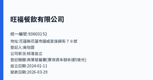 旺福餐飲有限公司的照片-統編 93603152(花蓮縣) 公司登記資料與營業項目詳細圖表