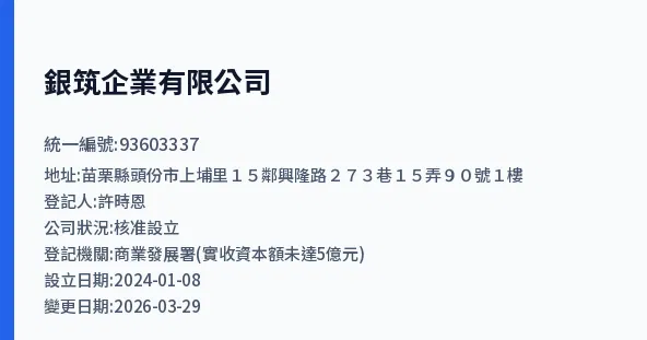 銀筑企業有限公司的照片-統編 93603337(苗栗縣) 公司登記資料與營業項目詳細圖表