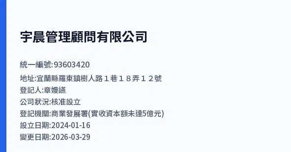 宇晨管理顧問有限公司的照片-統編 93603420(宜蘭縣) 公司登記資料與營業項目詳細圖表