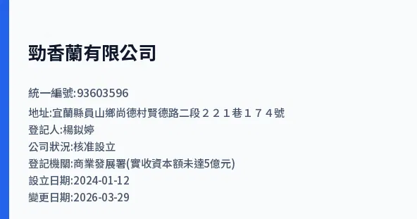勁香蘭有限公司的照片-統編 93603596(宜蘭縣) 公司登記資料與營業項目詳細圖表