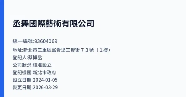 丞舞國際藝術有限公司的照片-統編 93604069(新北市) 公司登記資料與營業項目詳細圖表
