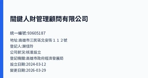 關鍵人財管理顧問有限公司的照片-統編 93605187(高雄市) 公司登記資料與營業項目詳細圖表