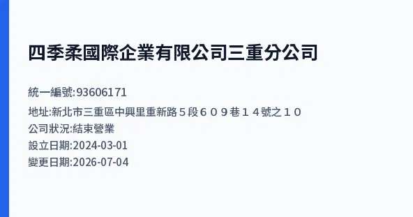 四季柔國際企業有限公司三重分公司的照片-統編 93606171(新北市) 公司登記資料與營業項目詳細圖表