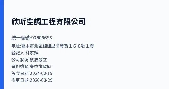 欣昕空調工程有限公司的照片-統編 93606658(臺中市) 公司登記資料與營業項目詳細圖表