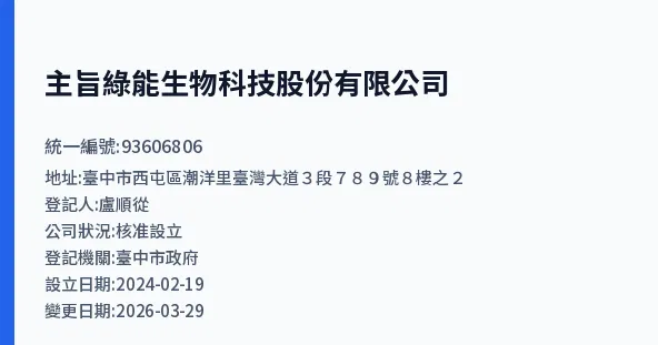 主旨綠能生物科技股份有限公司的照片-統編 93606806(臺中市) 公司登記資料與營業項目詳細圖表