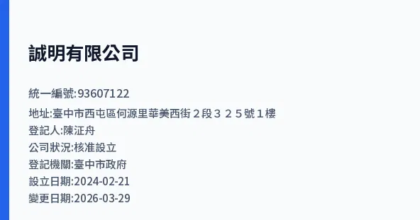 誠明有限公司的照片-統編 93607122(臺中市) 公司登記資料與營業項目詳細圖表